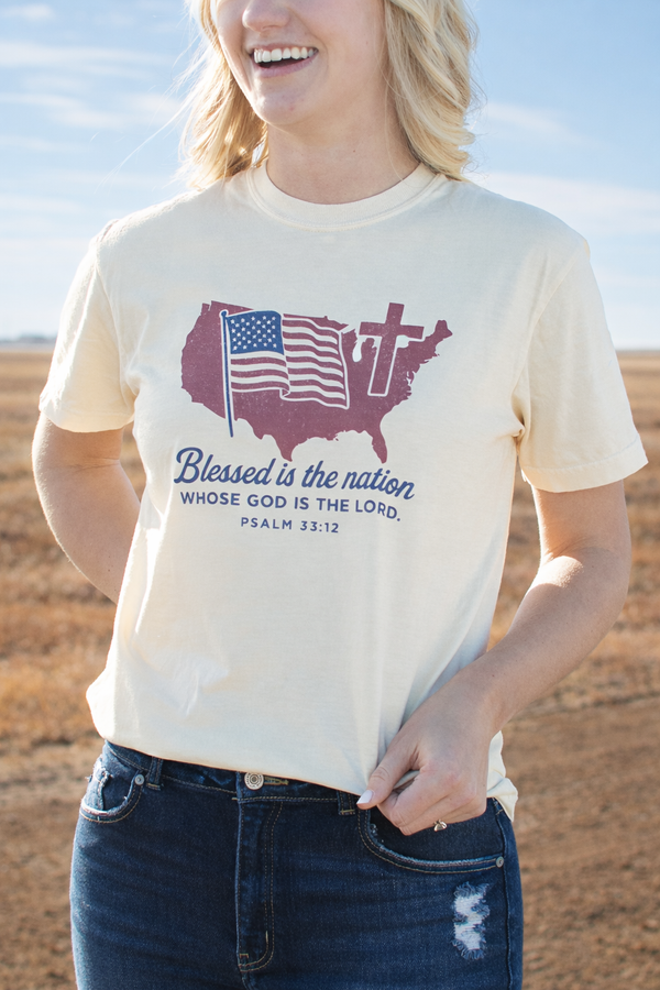 Blessed is the Nation' Psalm 33:12 Ivory Tee – American Farm Company