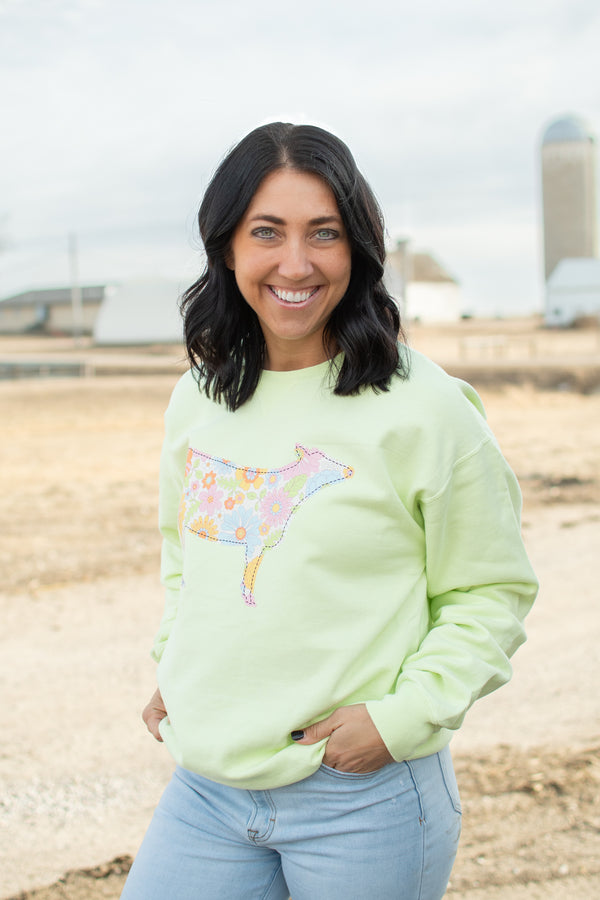 Retro Floral Cow Lime Crewneck – American Farm Company